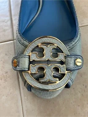 Tory Burch | Shoes | Tory Burch Pale Blue Leather Ballet Flat With Gold ...